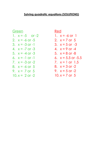 Solving quadratic equations Grade B Level 8 | Teaching Resources