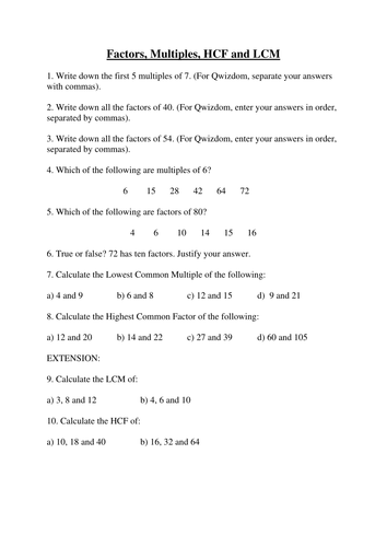 Factors, Multiples, HCF, LCM Worksheet | Teaching Resources Factors, Multiples, HCF, LCM Worksheet | Teaching Resources