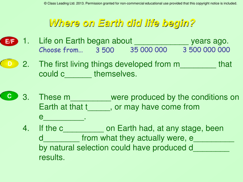 Where did life begin - graded questions | Teaching Resources