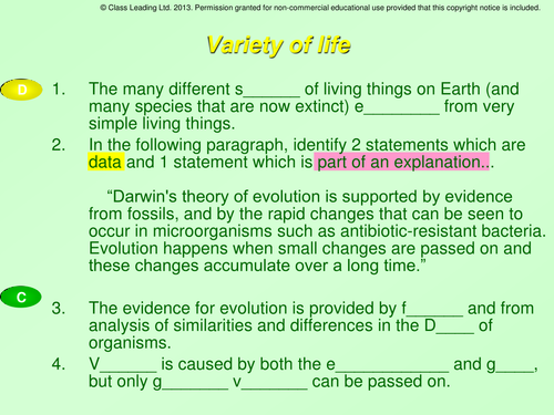 Variety of life - graded questions | Teaching Resources