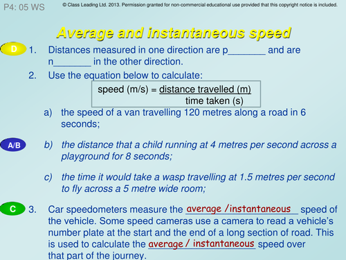Average & Instantaneous speed - graded questions | Teaching Resources