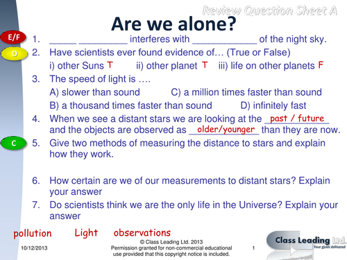 Are we alone - graded questions | Teaching Resources