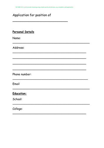 Job application form | Teaching Resources