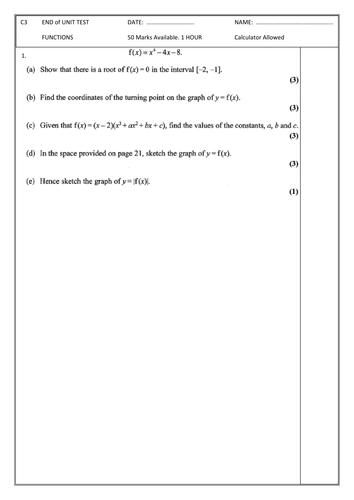 C3 Functions Tests and Mark Schemes | Teaching Resources