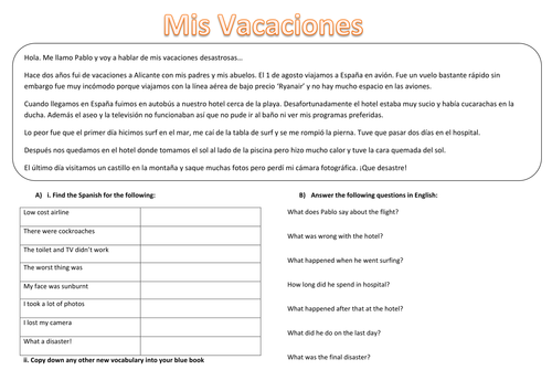 KS4 Spanish - Holiday Disasters Reading WS | Teaching Resources