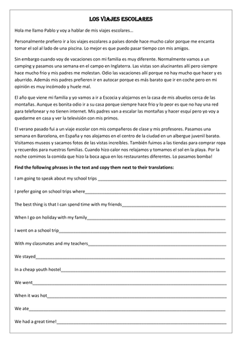 KS4 Spanish: School Trips Reading WS | Teaching Resources