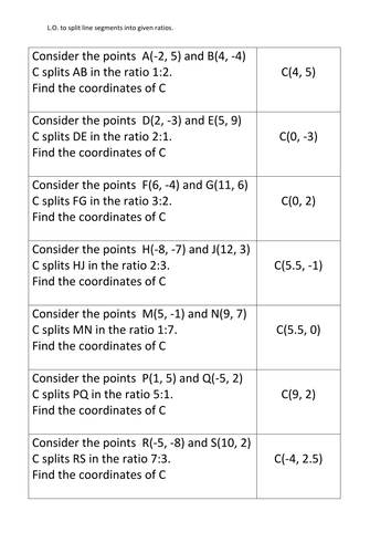 Coordinates of point splitting line in given ratio | Teaching Resources