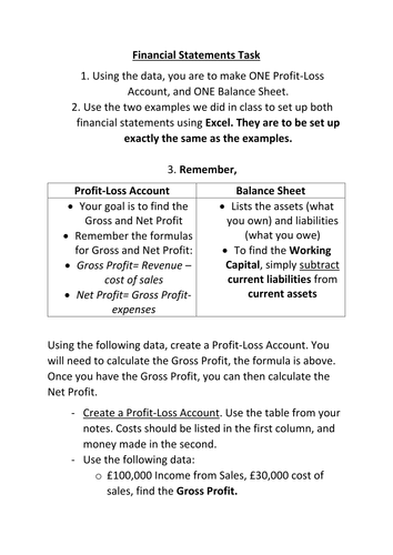 Financial Statements Task | Teaching Resources