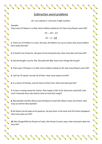Subtraction word problems | Teaching Resources