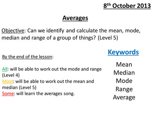 Averages mode mean median range Level 5 Grade E by whidds - Teaching ...