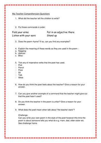 My Teacher (an instruction poem) comprehension | Teaching Resources