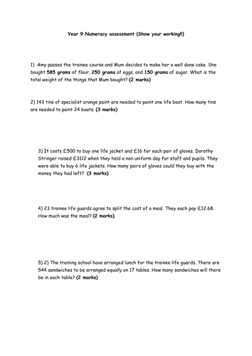 Numeracy Assessment sheets on 4 operations | Teaching Resources