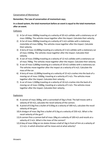 Conservation of Momentum questions by - UK Teaching Resources - TES
