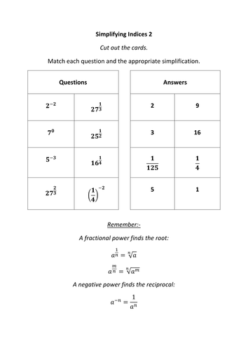 Simplifying Indices 2 - Fractional and Negative | Teaching Resources
