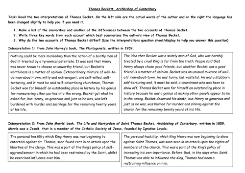 Thomas Beckett Interpretations Worksheet | Teaching Resources