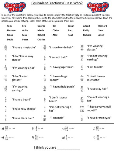 Equivalent and Simplifying Fractions Guess Who? | Teaching Resources