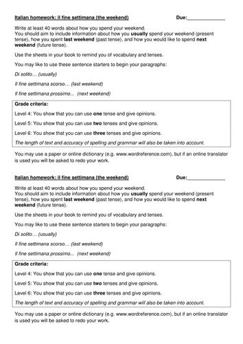 Il fine settimane / the weekend - writing task | Teaching Resources