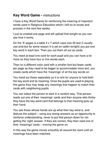 Key Words for learning and revision - a game | Teaching Resources