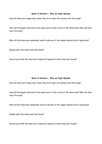 Band of Brothers - Why We Fight Question Sheet | Teaching Resources