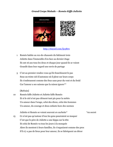 Grand Corps Malade - Roméo Kiffe Juliette | Teaching Resources