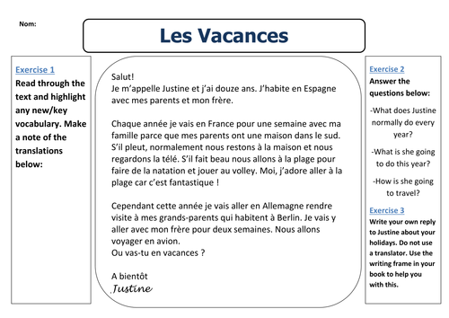 French: Holidays - Reading Worksheet | Teaching Resources