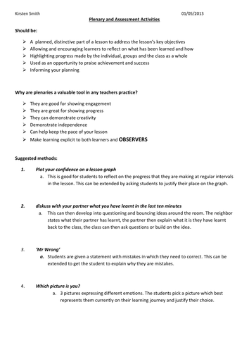 Plenaries and Assessment | Teaching Resources