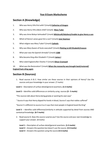 End of Year 8 History Exam - Tudors and Stuarts | Teaching Resources