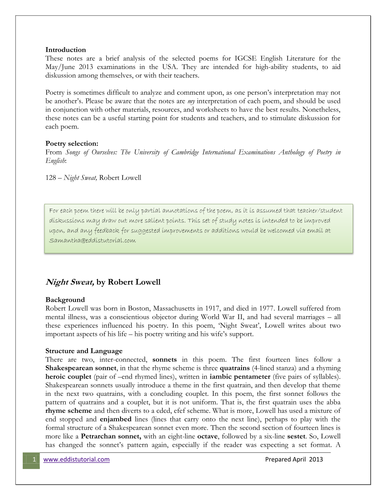 CIE Poem: Night Sweat by Robert Lowell by - UK Teaching Resources - TES