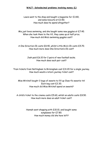 Differentiated word problems involving money | Teaching Resources