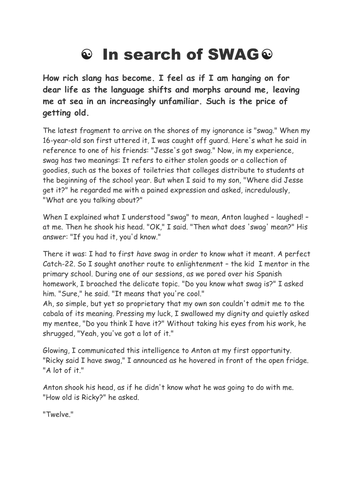 In search of 'swag' reading/writing worksheet | Teaching Resources