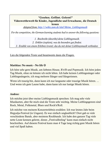 KS 3 German: Reading + Talking ABOUT music | Teaching Resources