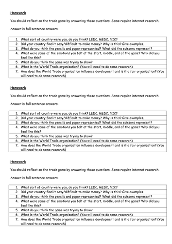 Trade Game homework | Teaching Resources