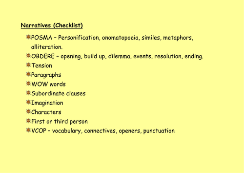 NARRATIVE WRITING LIST | Teaching Resources