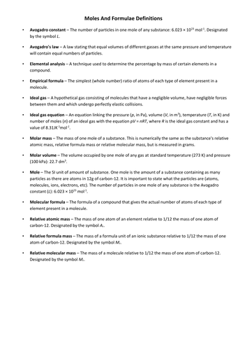 AS Moles and Formulae Definitions | Teaching Resources