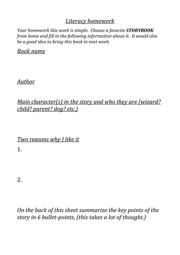 Homework book review on storybook | Teaching Resources