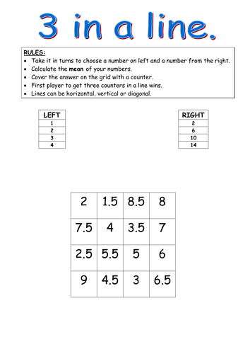 3 in a line - Finding the mean | Teaching Resources